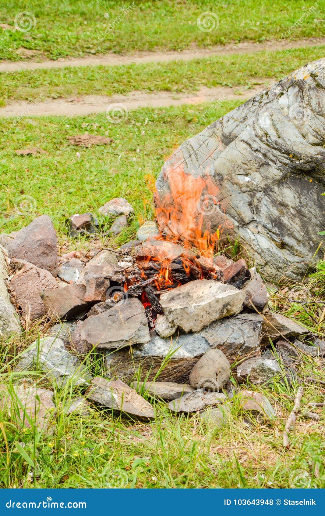 Camp Fire. Bonfire Diluted in the Rocks Against the Background of the ...