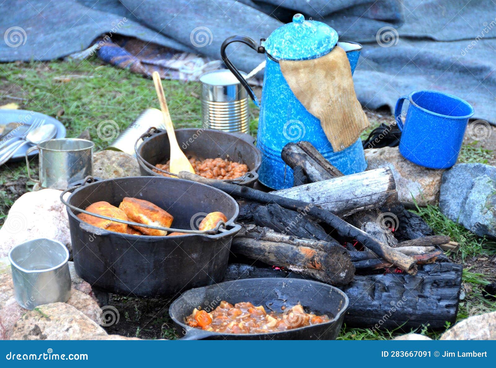 Camp fire cook out. stock image. Image of cast, meat - 283667091
