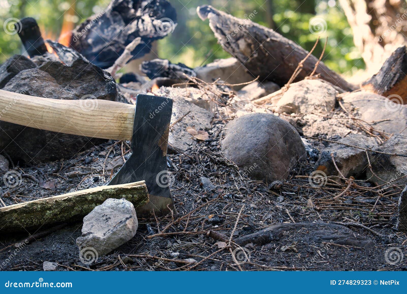 Camp Fire in a Forest with Chopper in Wood Stock Image - Image of ...