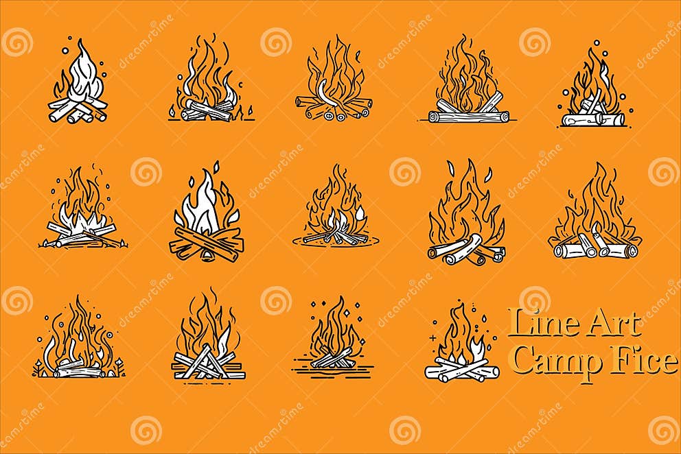 Camp Fire Line Art Collection Illustration, Editable Stock Vector ...