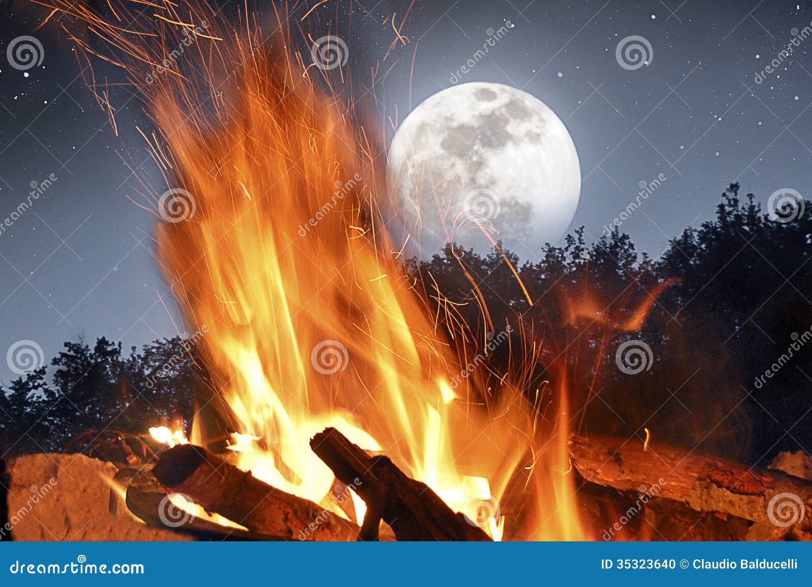 Camp fire in the moonlight stock photo. Image of night - 35323640