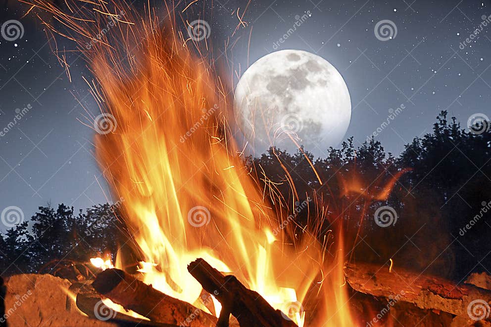 Camp fire in the moonlight stock photo. Image of night - 35323640