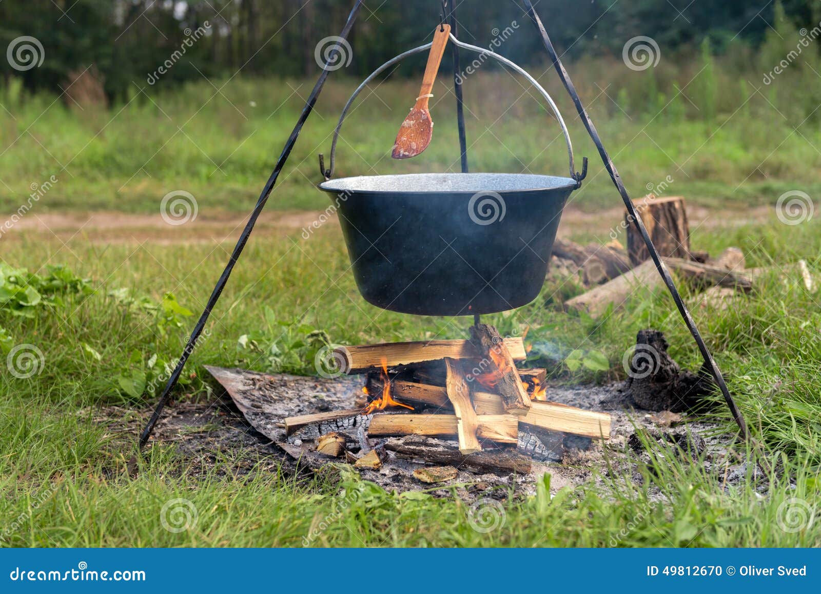 Camp Fire Outdoors Burning with Pot Stock Photo - Image of campsite ...