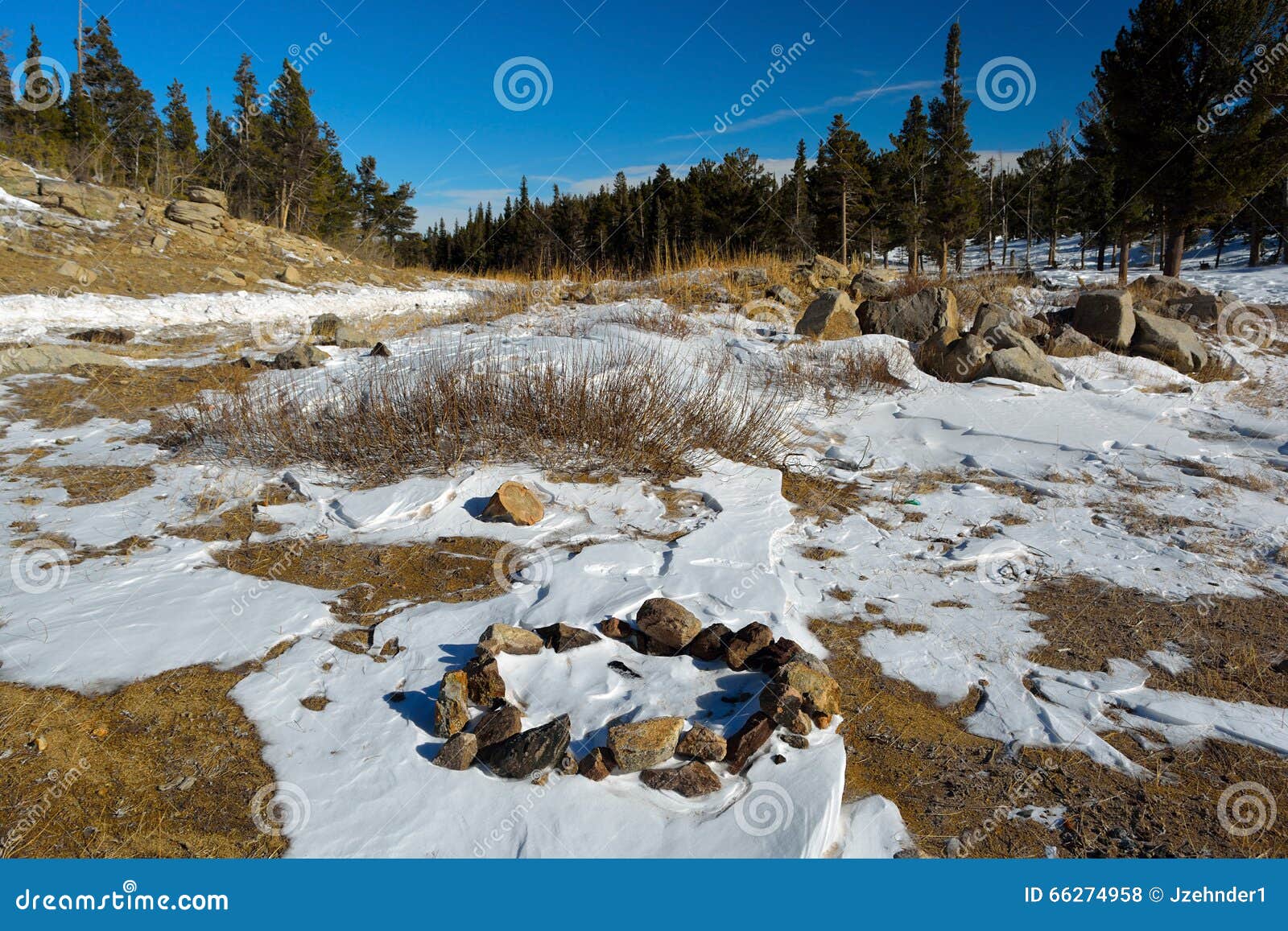 Camp Fire Rock Circle in Snow Stock Photo - Image of camping, grass ...