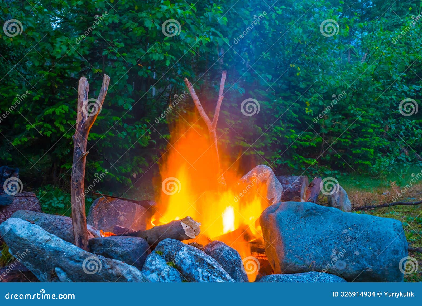 Camp Fire on Summer Forest Glade Stock Photo - Image of wood, rock ...