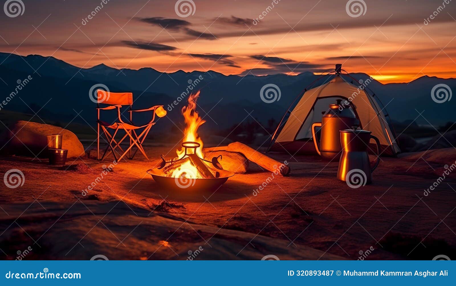 Camp Fire and Tea Pot, Tent and Mountains in the Background at Sunset ...