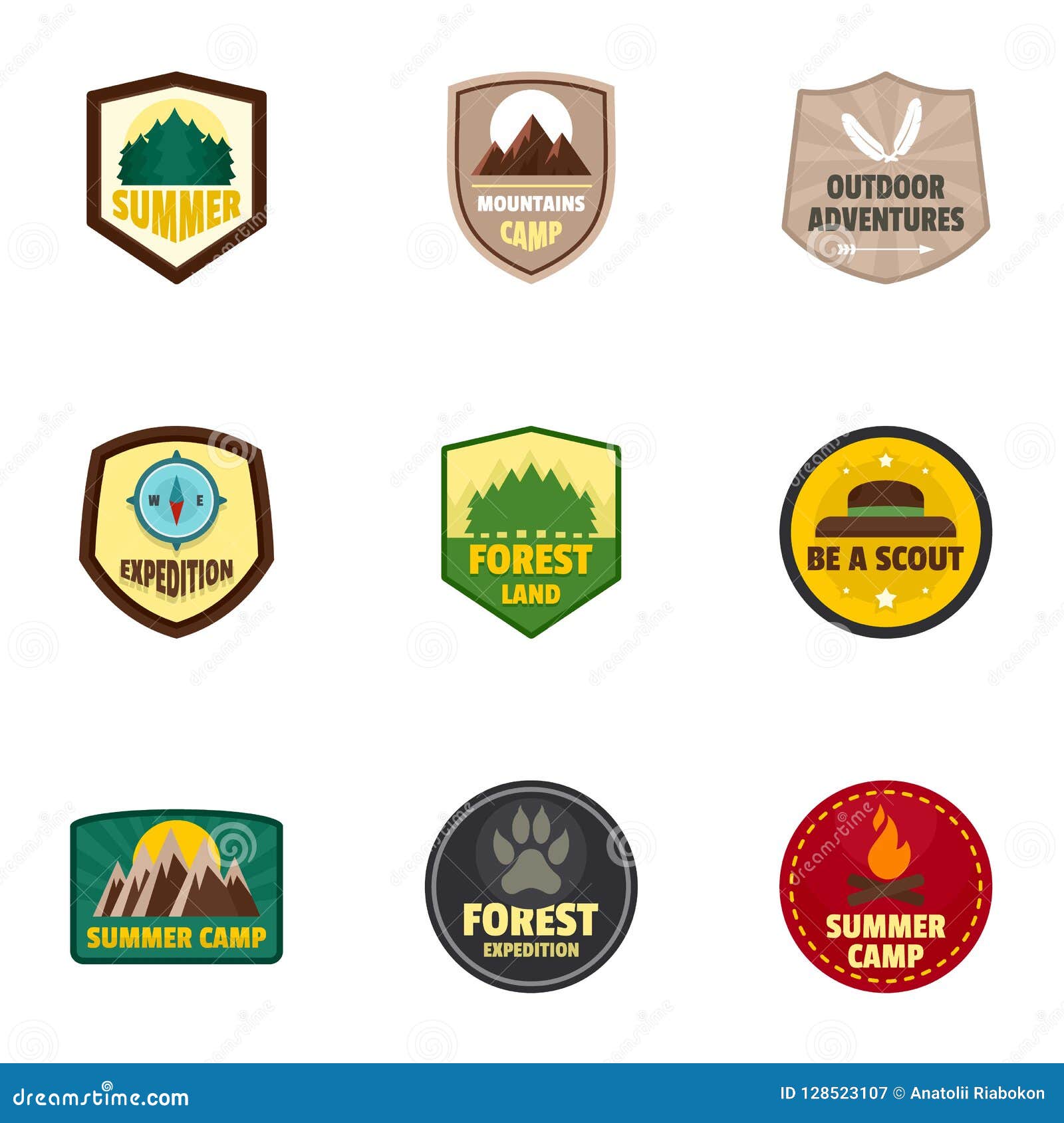 Camp Logo Emblem Set, Flat Style Stock Vector - Illustration of logo ...