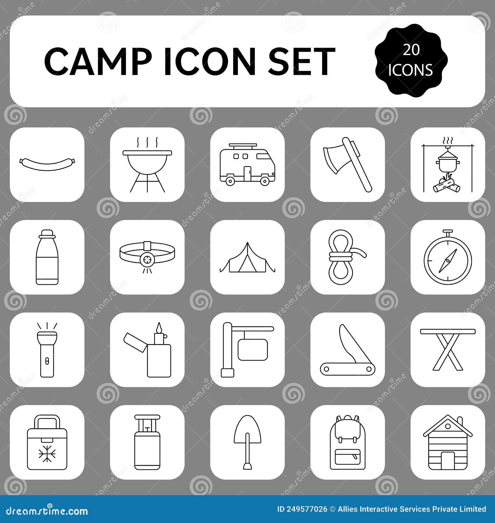 20 Camp Symbols or Icon Set in Linear Style Stock Illustration ...