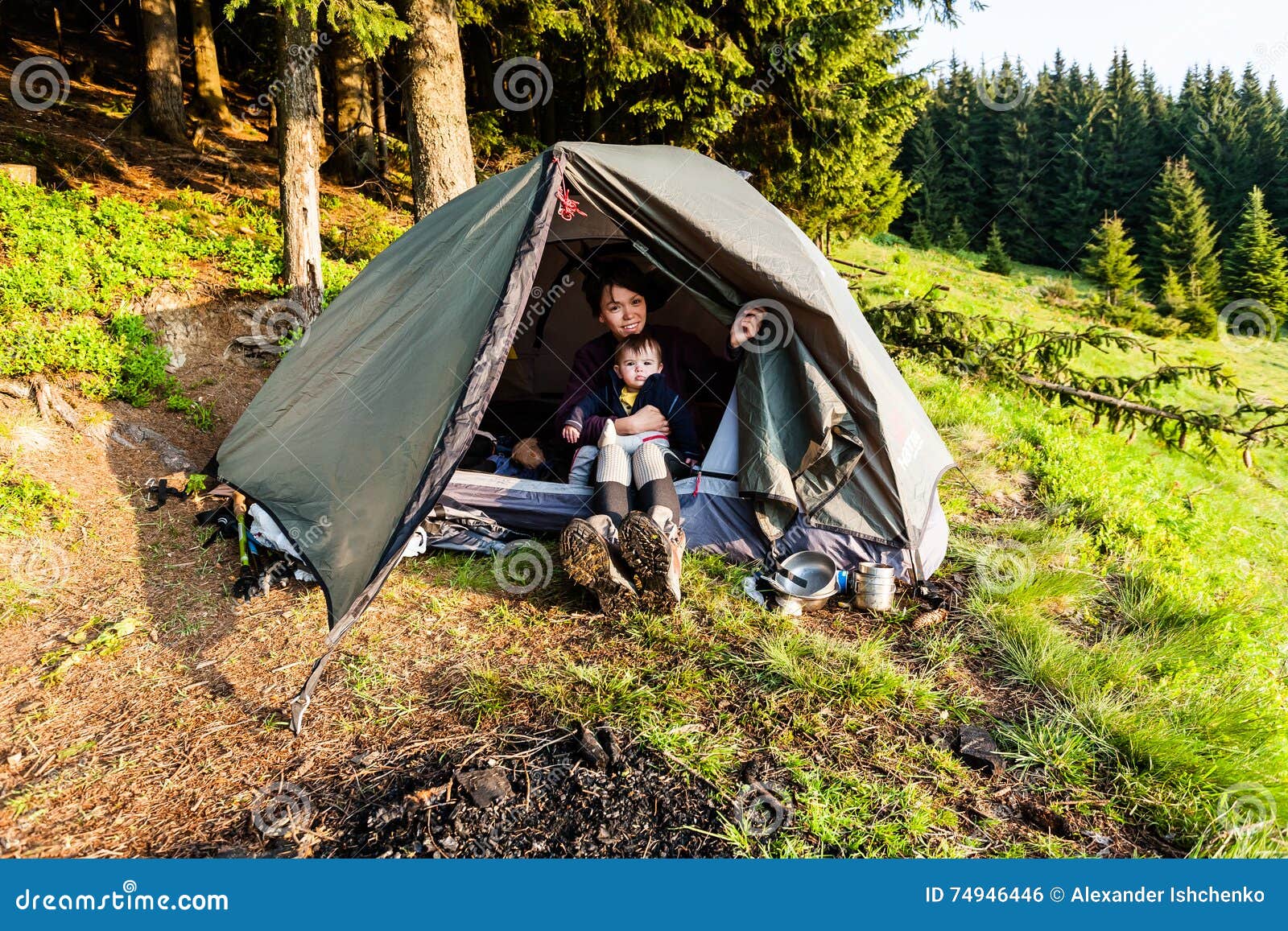 Camp in the tent. stock photo. Image of leisure, casual - 74946446