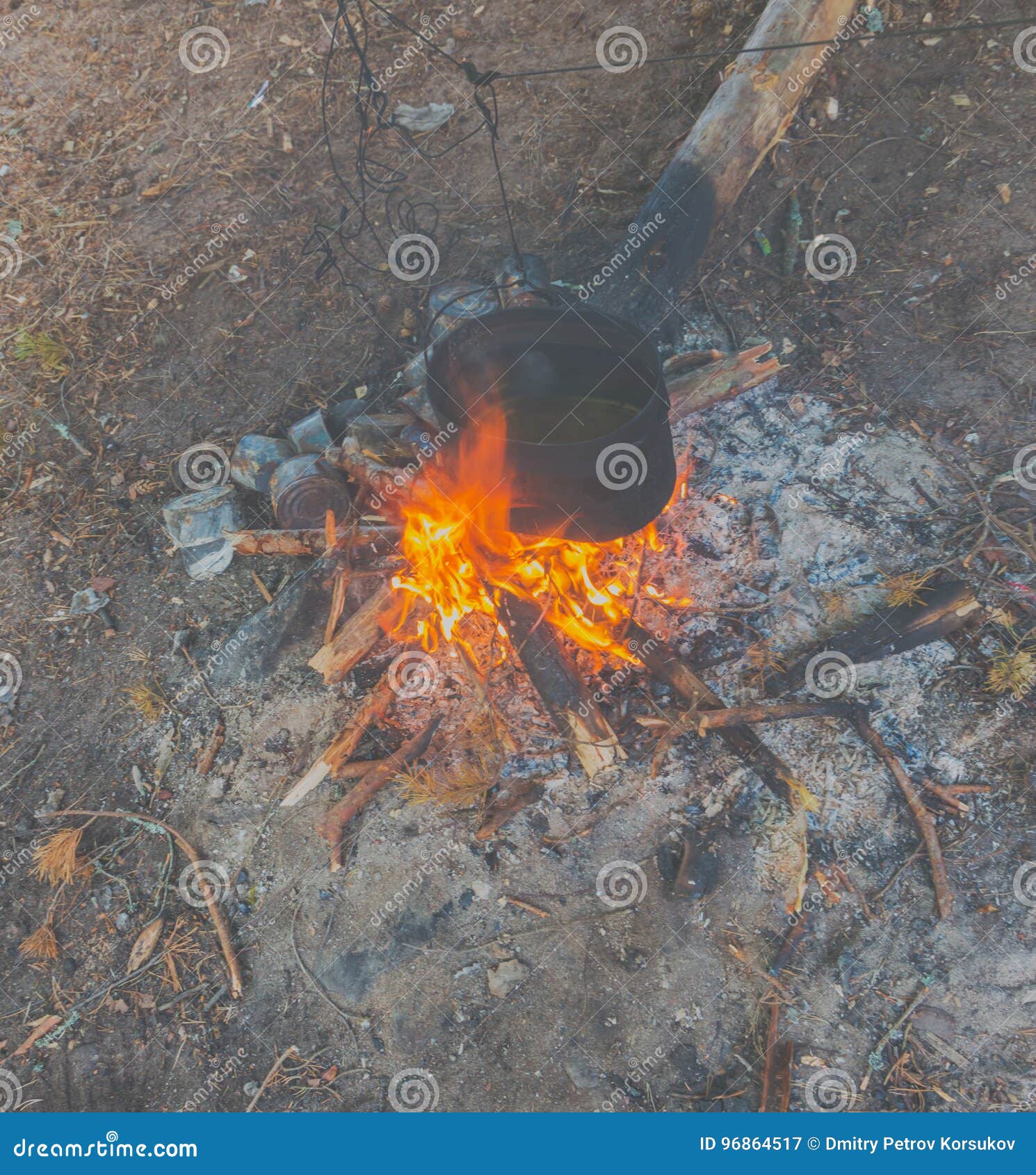 In the Campaign Pot of Water Over the Fire. Stock Image - Image of ...
