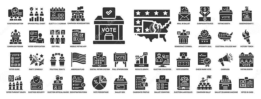 Campaign Voting Election Process Glyph Icon Set, Booth Map Graph Stock ...
