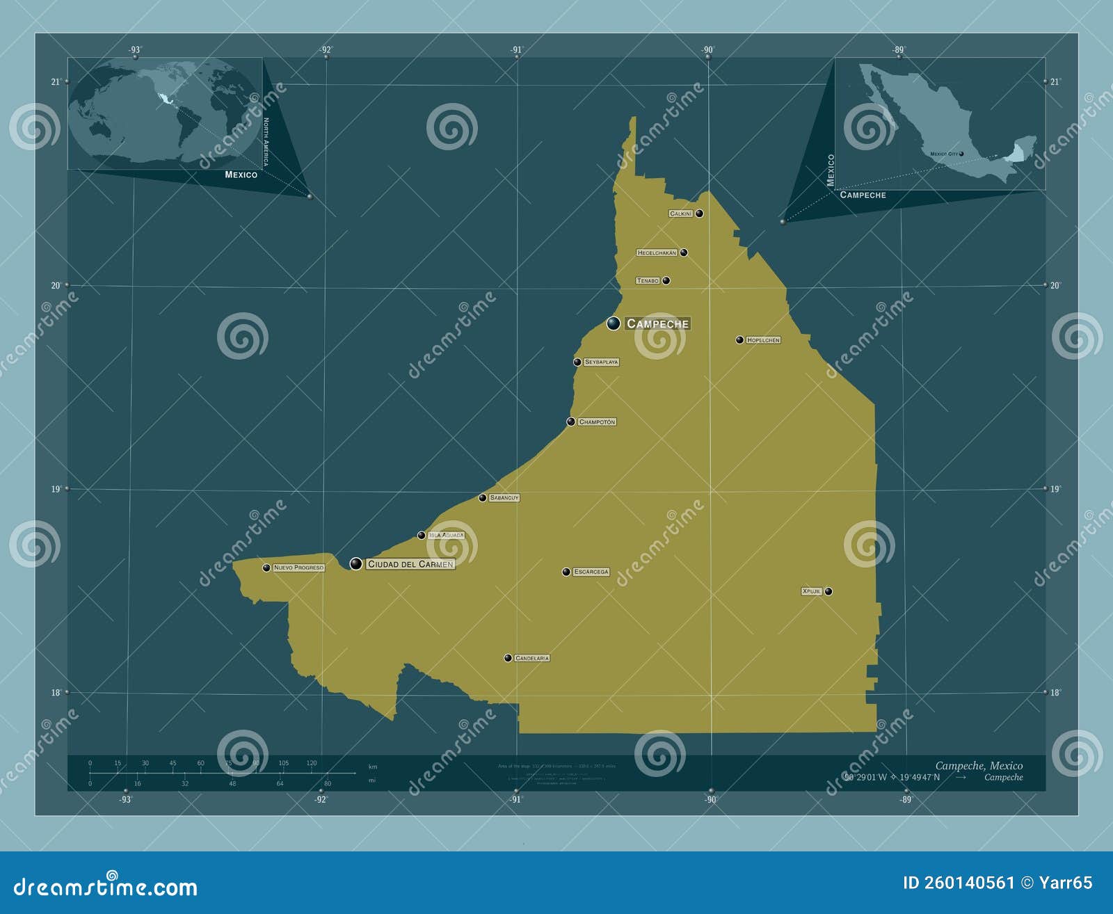 Campeche, Mexico. Solid. Labelled Points of Cities Stock Illustration ...