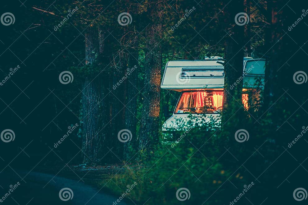 Camper Hidden between Forest Trees Stock Image - Image of camp, natural ...