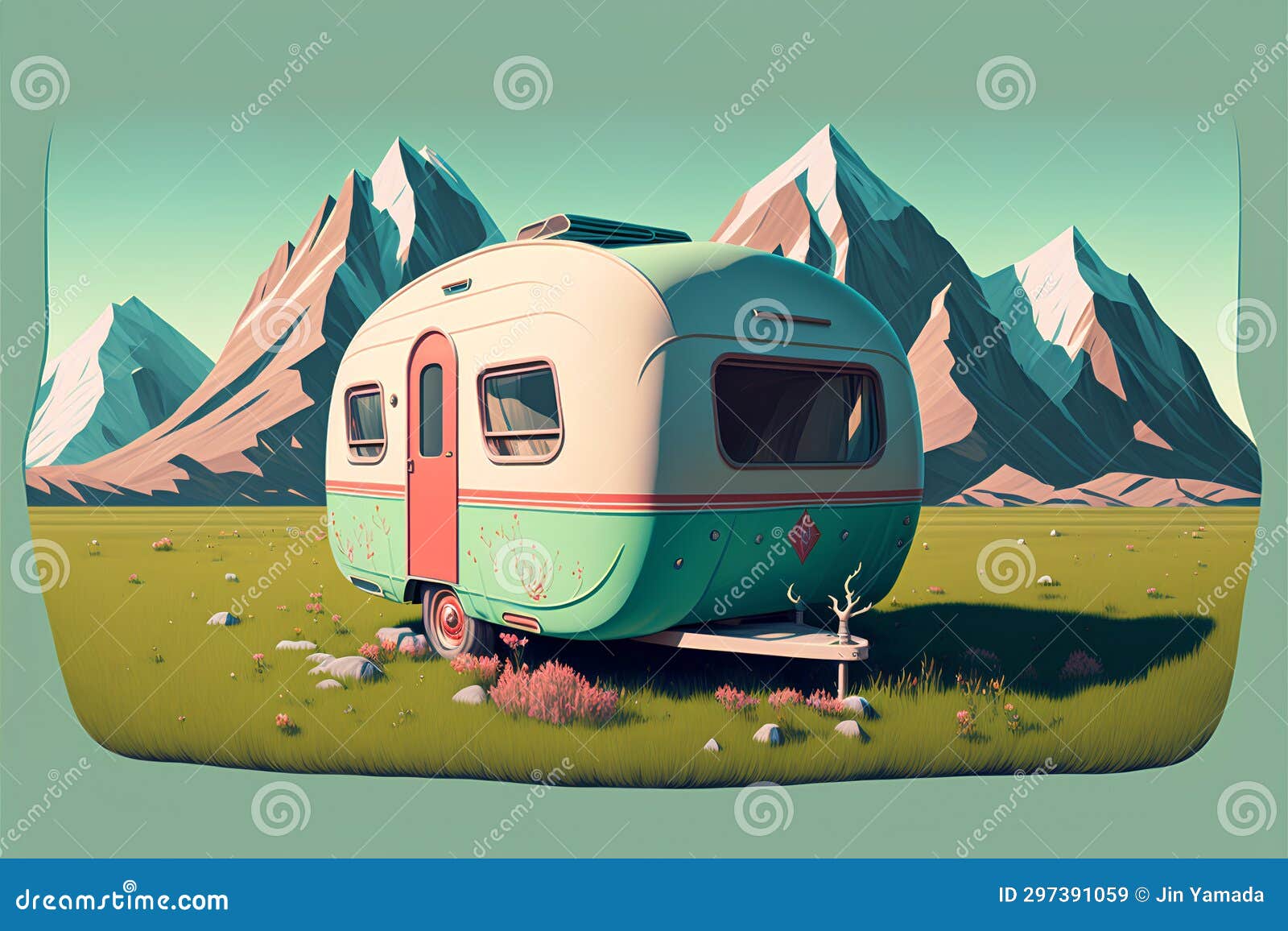 Camper Trailer in the Mountains. Vector Illustration in Cartoon Style ...