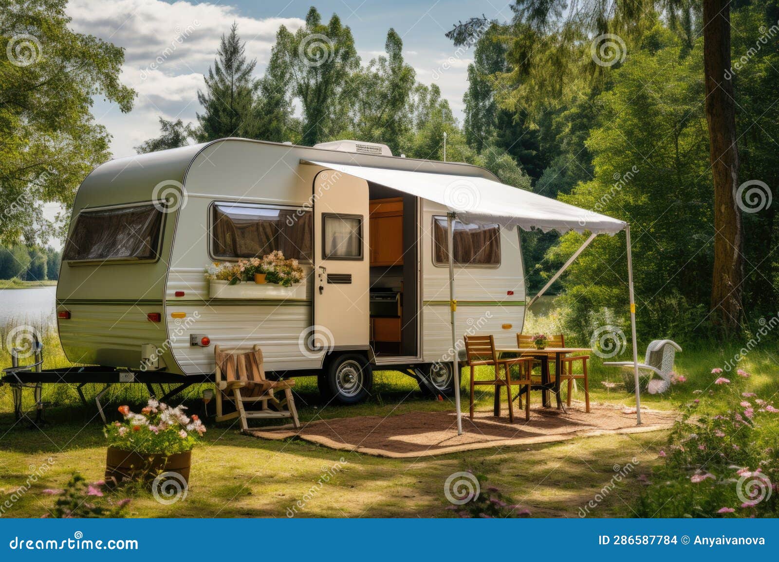 A Camper Trailer Parked in a Field Next To a Lake. Digital Image. Stock ...