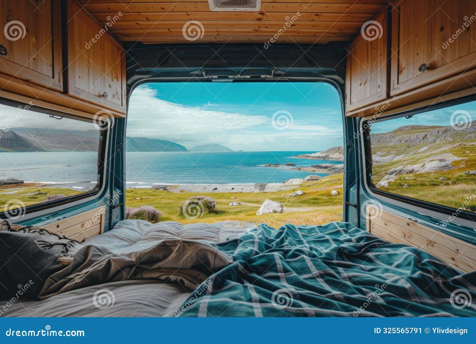 Camper Van Facing Beautiful Ocean Scenery with Open Back Doors Stock ...