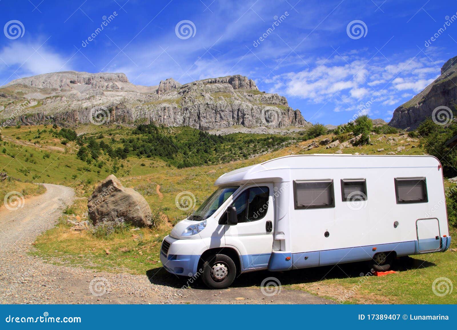 Camper Van in Mountains Blue Sky Stock Image - Image of countryside ...
