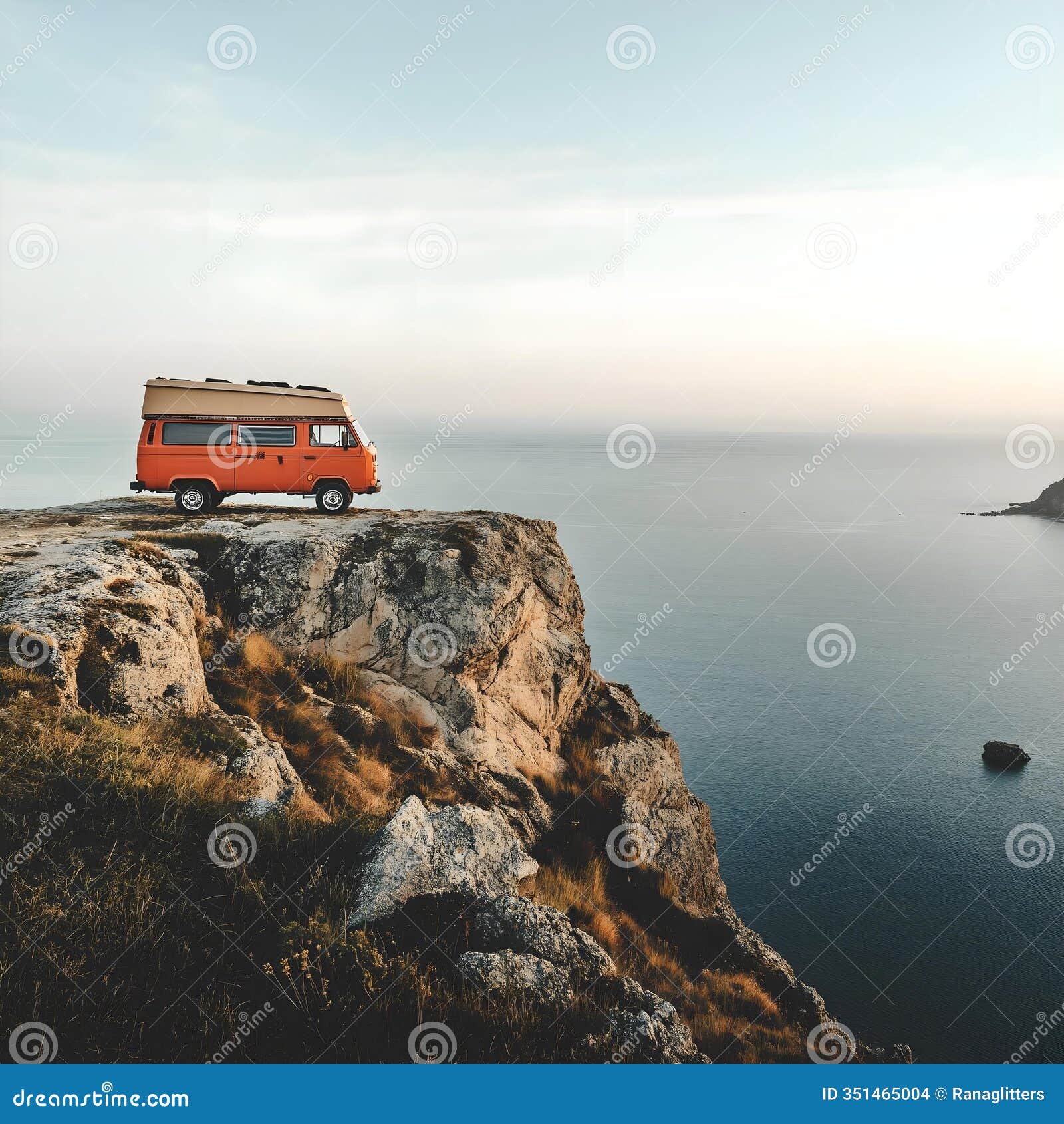 Camper Van Parked on Cliffs Overlooking Ocean Stock Illustration ...