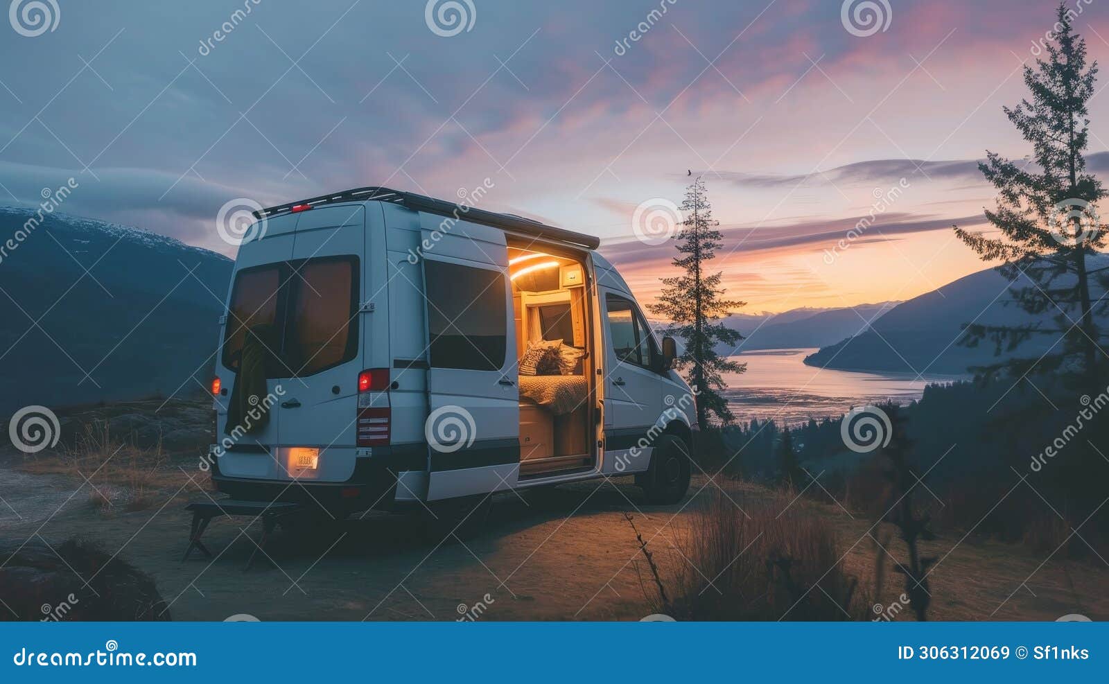 Camper Van Parked on a Mountain at Sunset with Panoramic Views of the ...