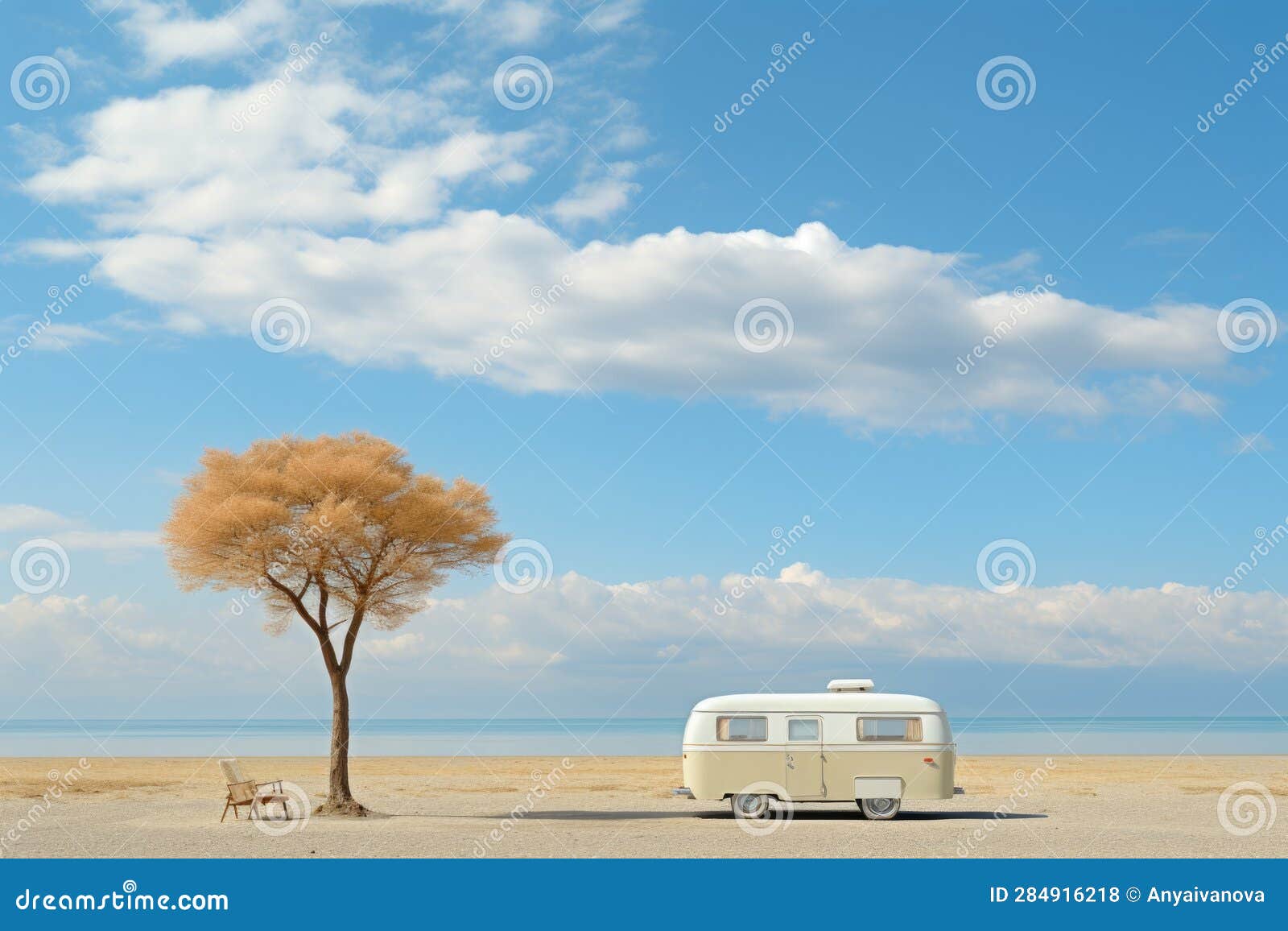 A Camper Van Parked Next To a Tree on a Beach Stock Illustration ...