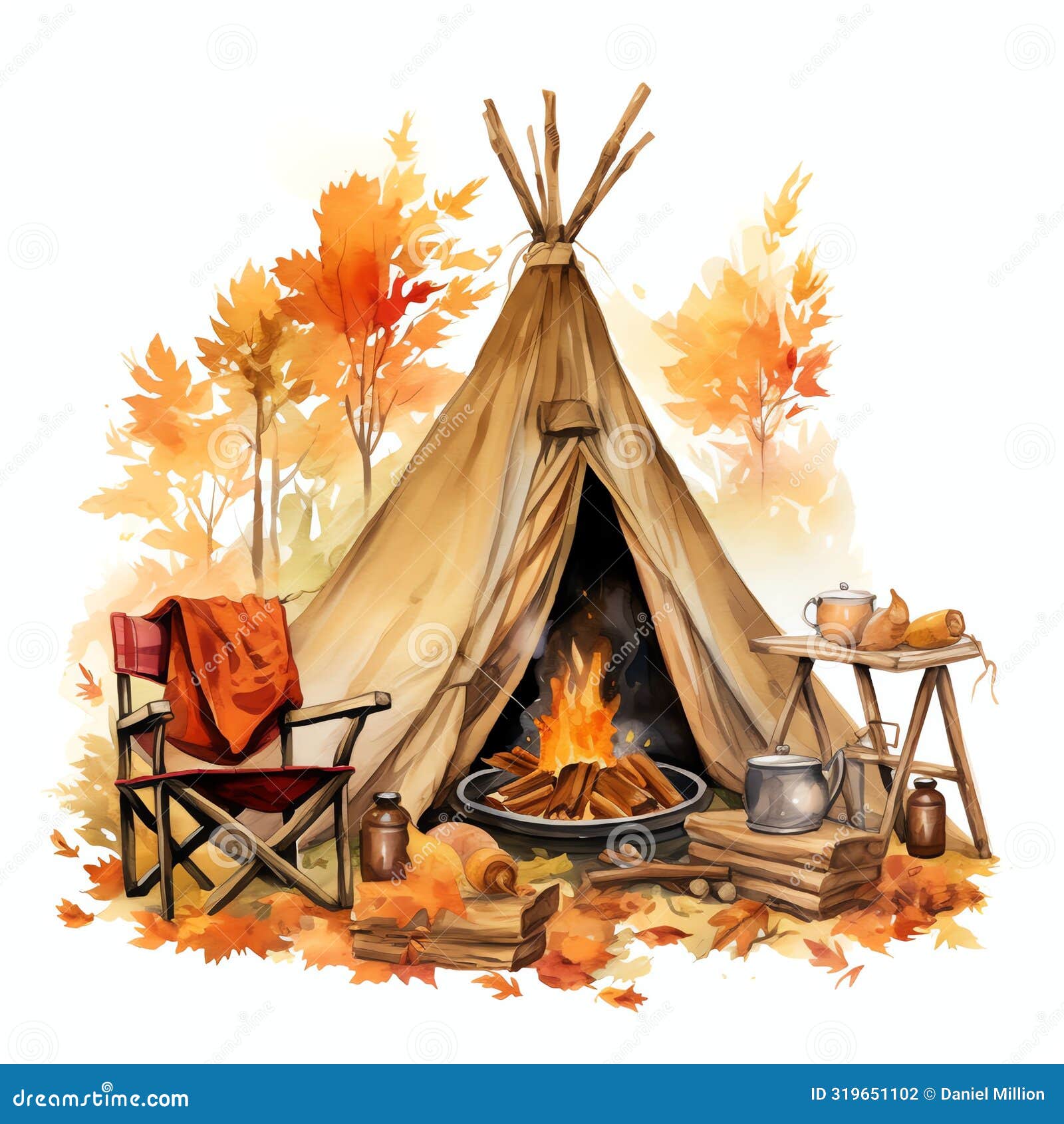 Campfire Autumn Fall Watercolor Illustration Stock Illustration ...