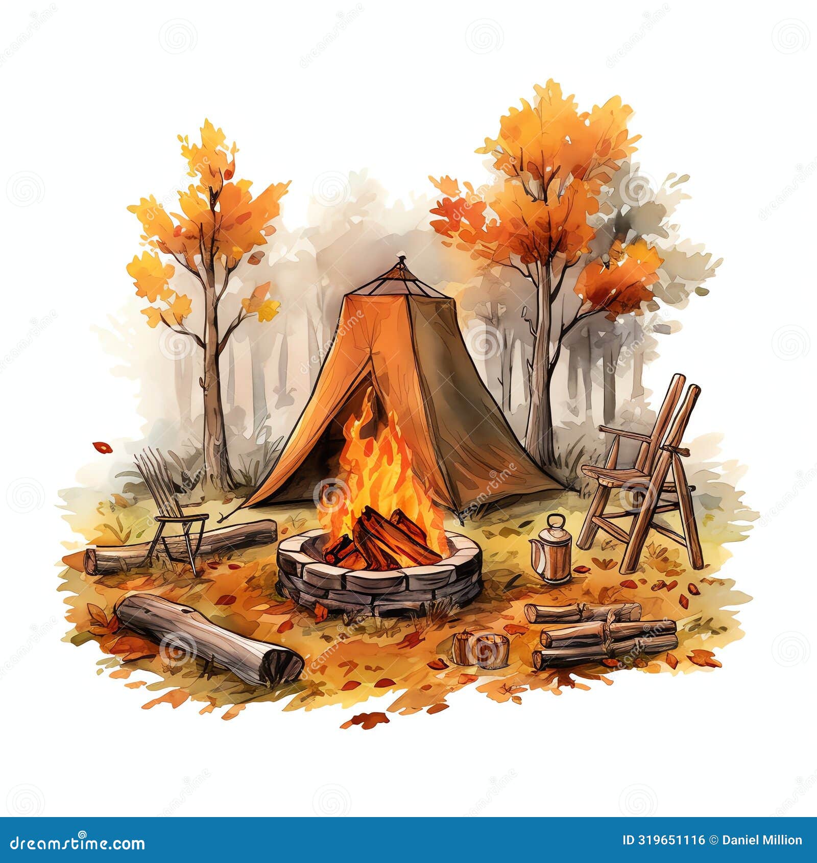 Campfire Autumn Fall Watercolor Illustration Stock Illustration ...