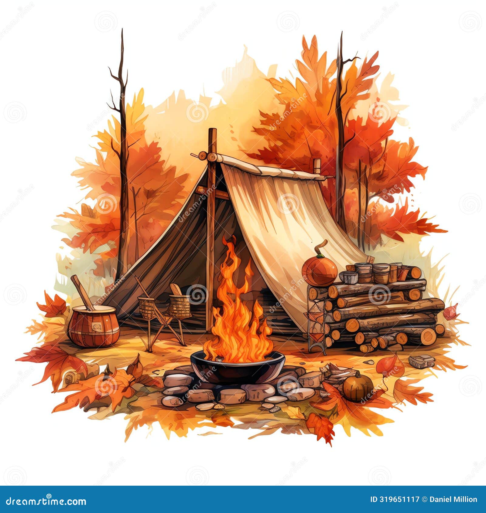 Campfire Autumn Fall Watercolor Illustration Stock Illustration ...