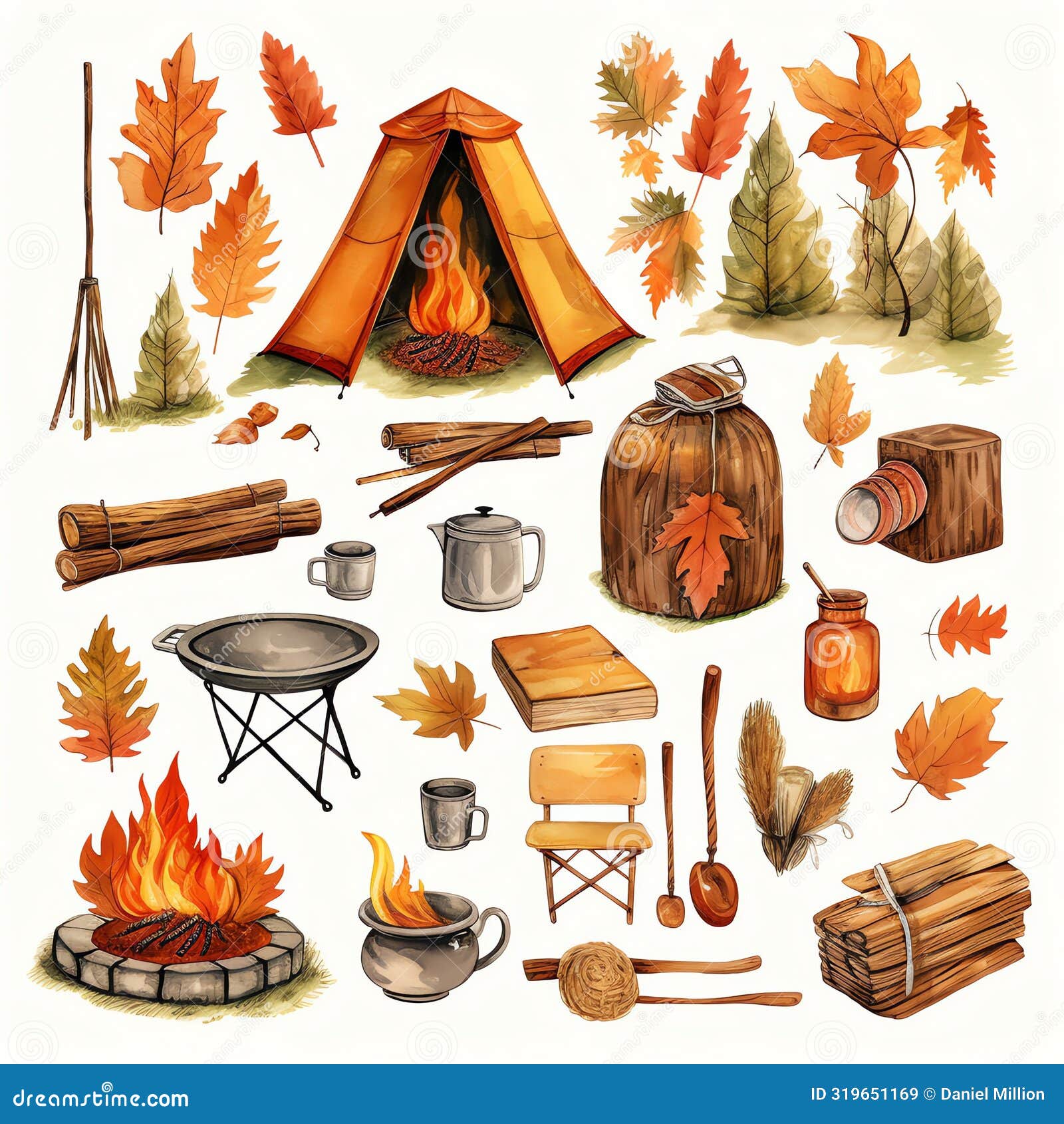 Campfire Autumn Fall Watercolor Illustration Stock Illustration ...