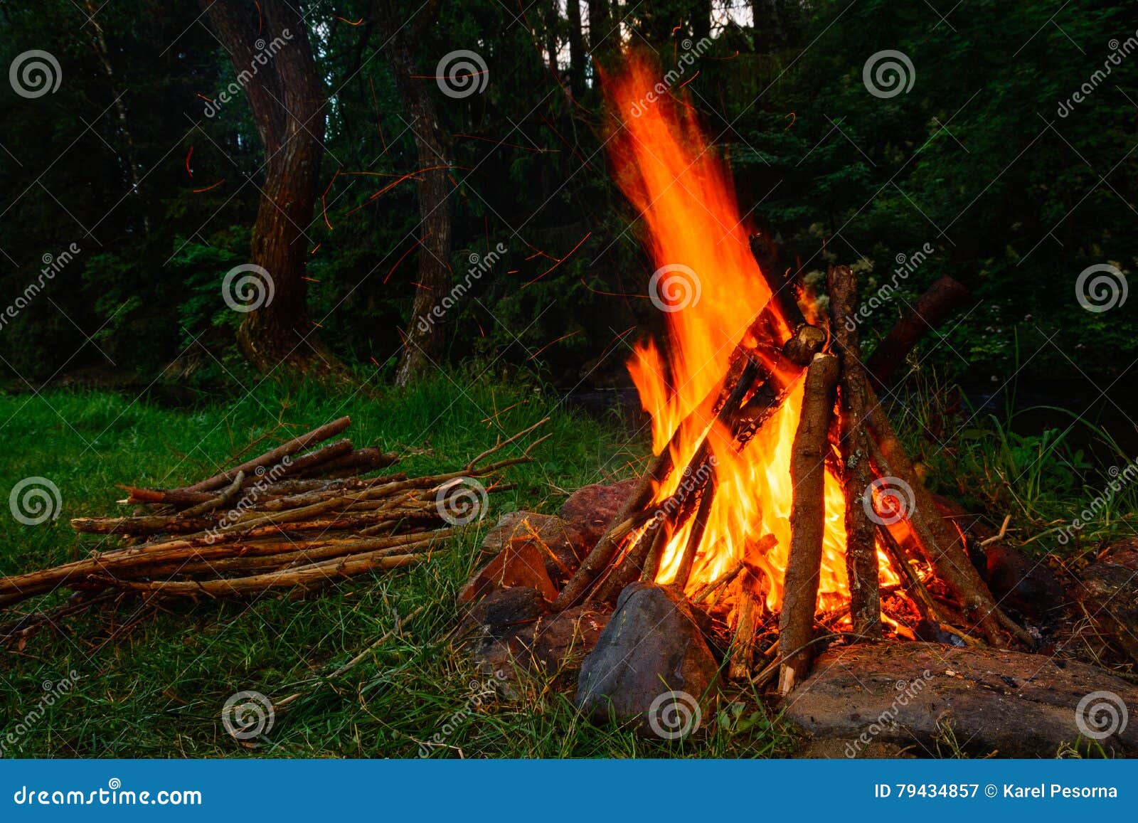 Campfire on the Bank of the River Stock Image - Image of equipment ...