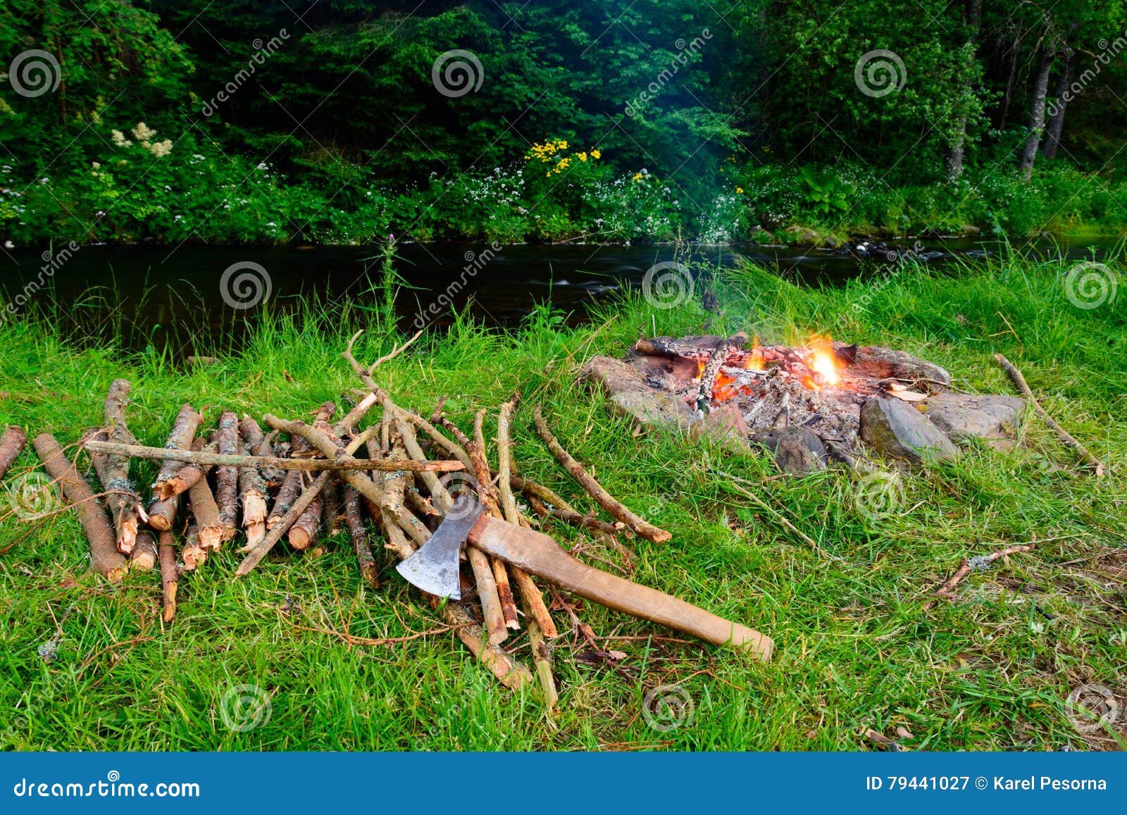 Campfire on the Bank of the River Stock Image - Image of glow, fire ...