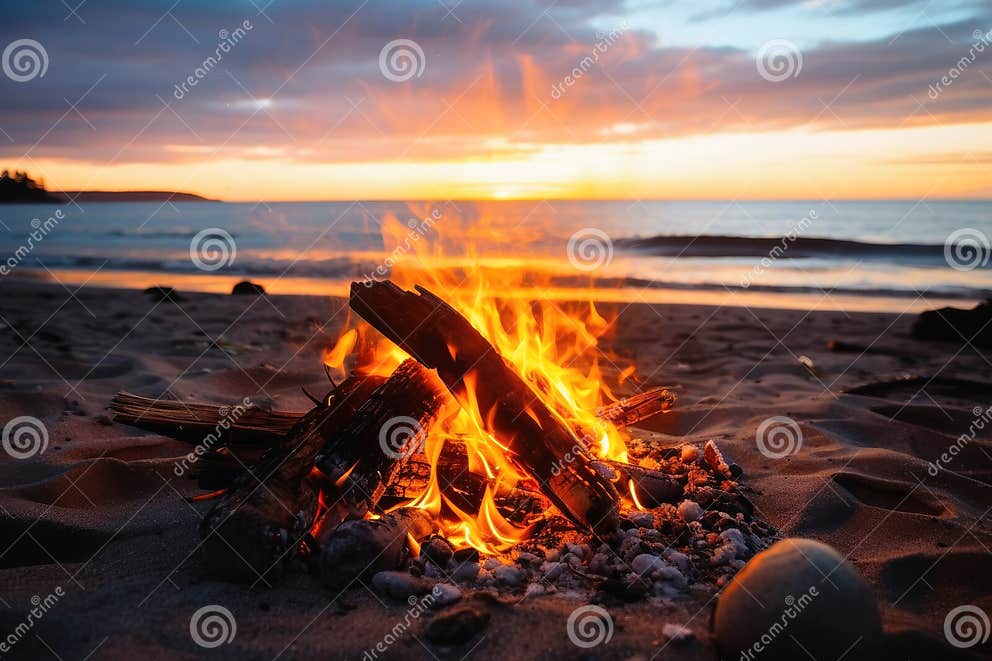A Campfire at a Beach at Sunset Stock Photo - Image of party, travel ...