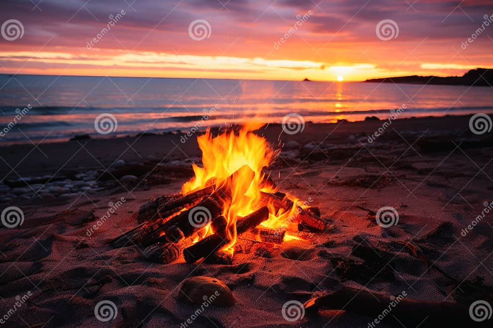 A Campfire at a Beach at Sunset Stock Photo - Image of orange, beach ...