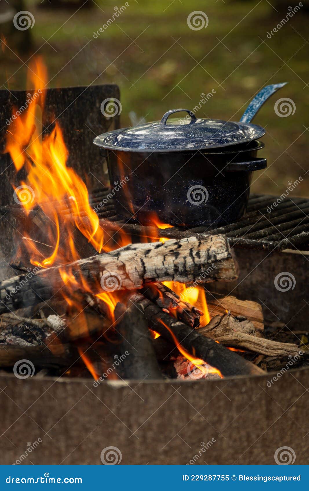 A Campfire with a Blue Pot Cooking Stock Image - Image of barbecue ...