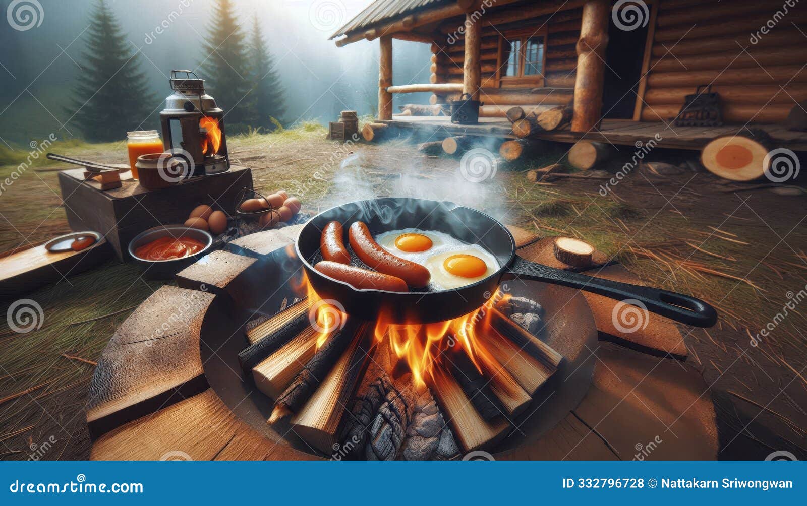 A Campfire Breakfast in Front of a Rustic Log Cabin, Stock Photo ...