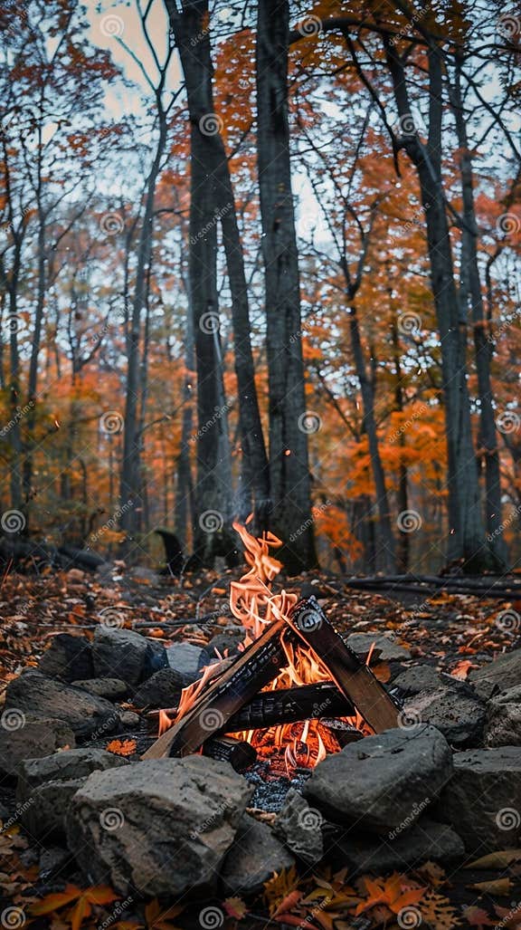 Campfire Burning in Autumn Woods Stock Illustration - Illustration of wilderness, soothing ...