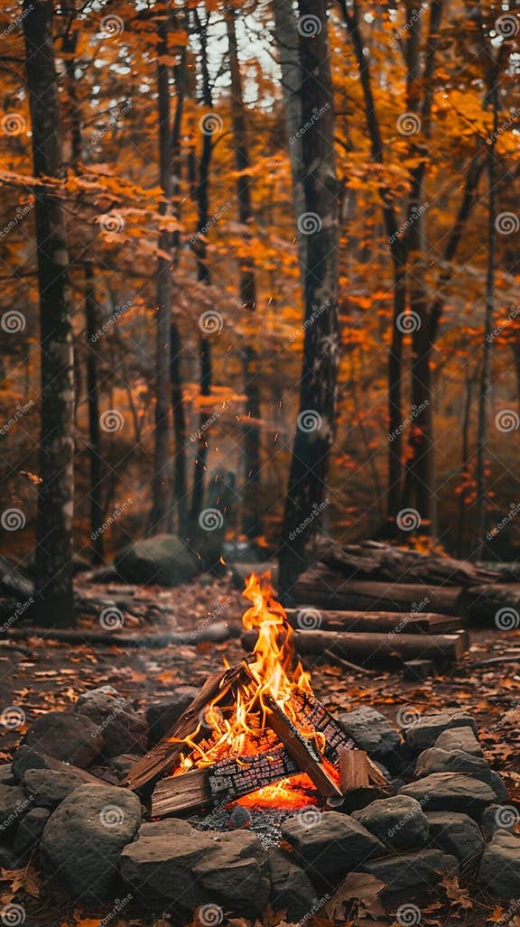 Campfire Burning in Autumn Woods Stock Illustration - Illustration of ...