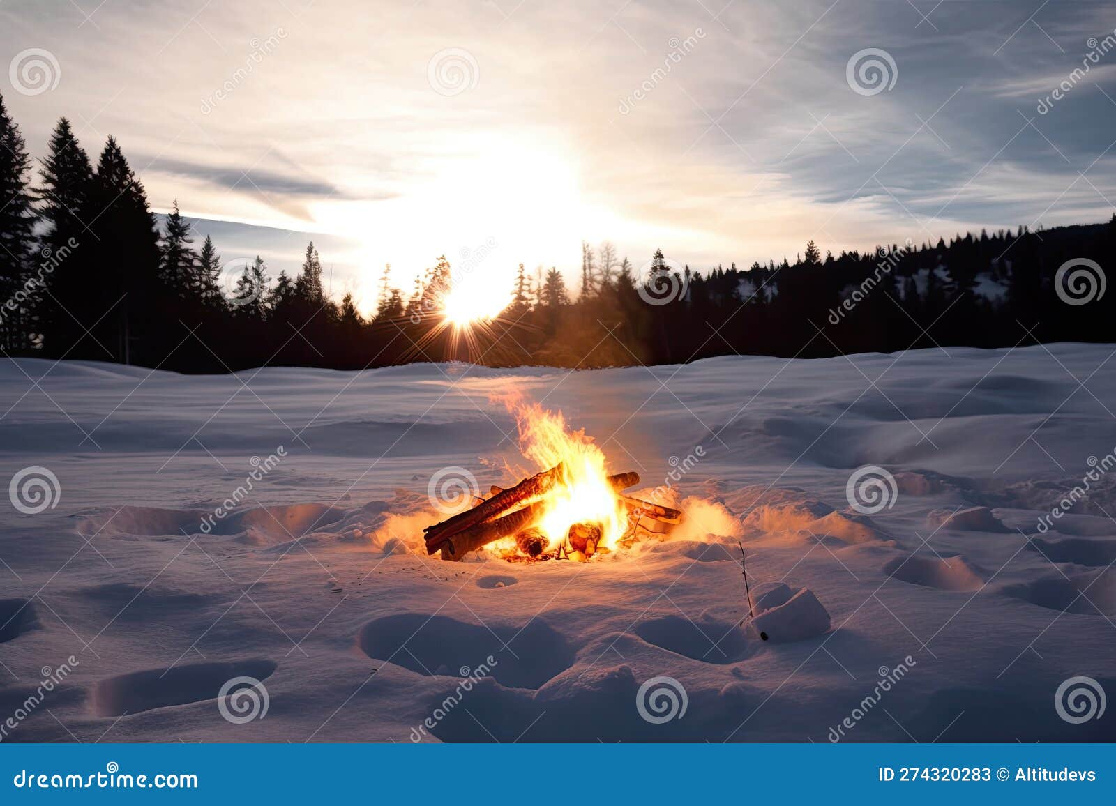 Campfire Burning Bright in the Middle of Snow-covered Clearing Stock ...