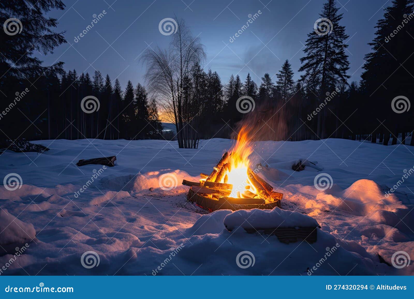 Campfire Burning Bright in the Middle of Snow-covered Clearing Stock ...