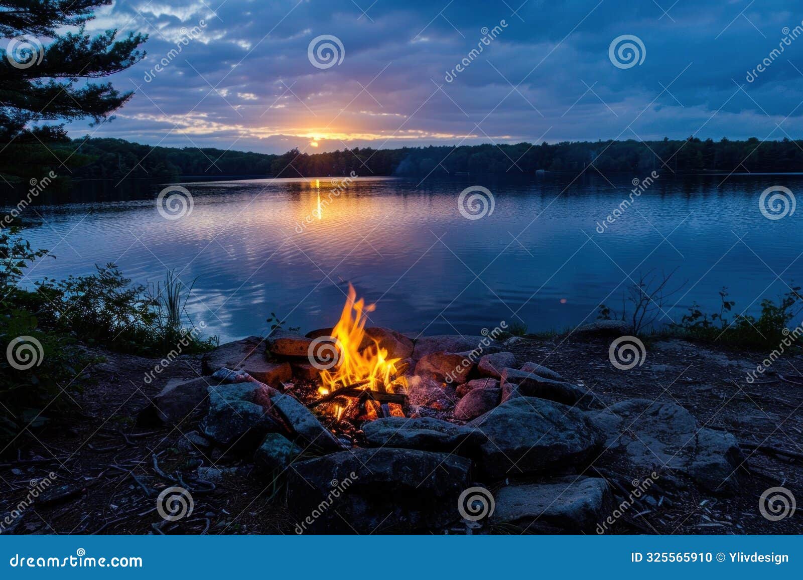Campfire Burning by Lake at Sunset with Dramatic Sky Stock Photo ...