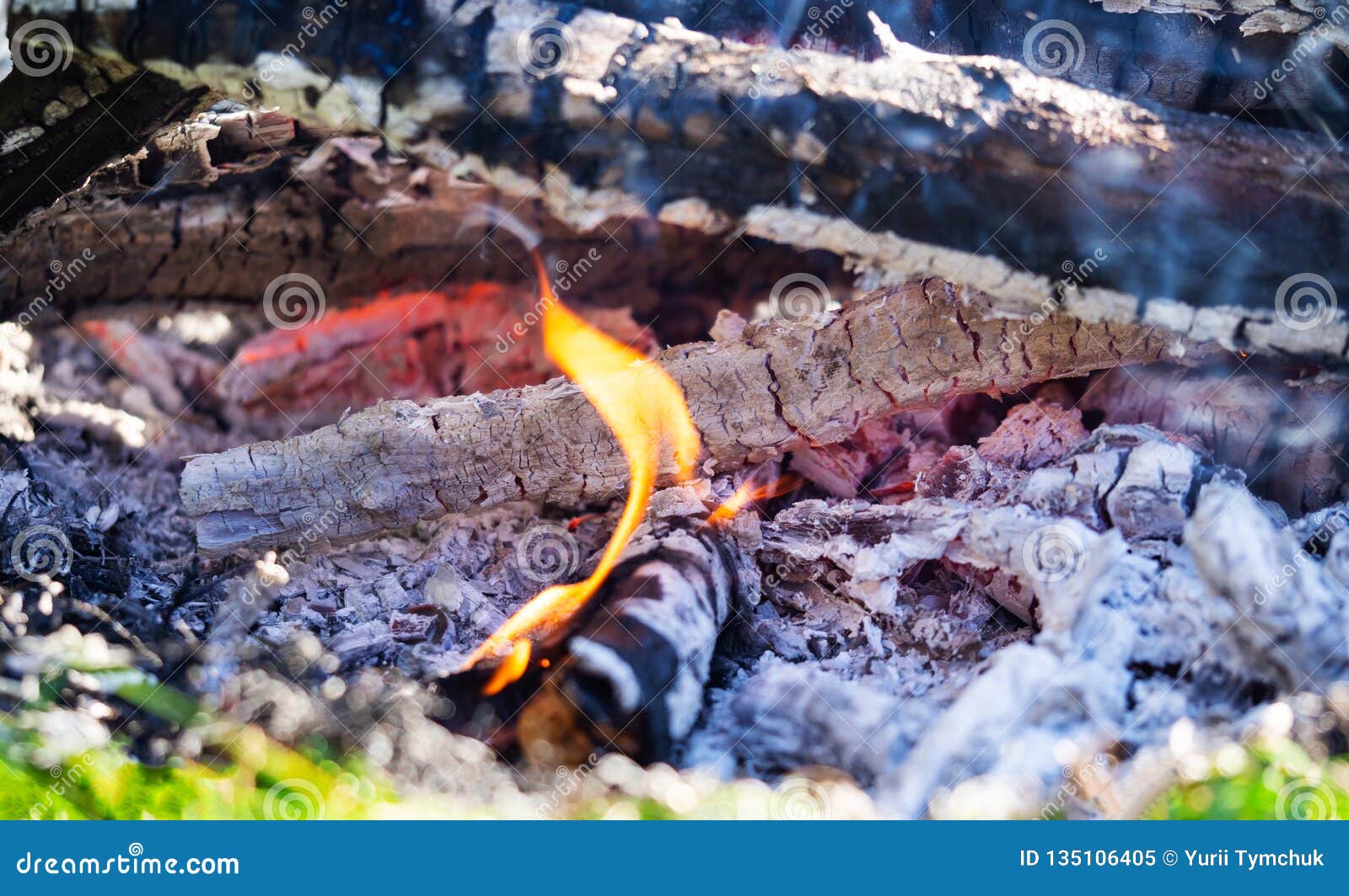 Campfire with Burning Firewood, Macro. Glowing Embers Smoldering in the ...