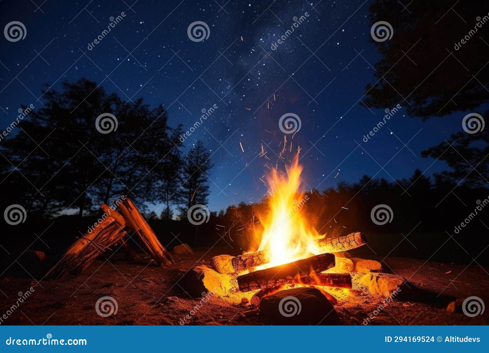 A Campfire Burning Low Under Starlit Sky Stock Photo - Image of burning ...