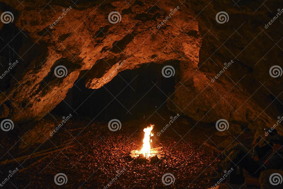 Campfire in the cave stock image. Image of adventure - 145661855