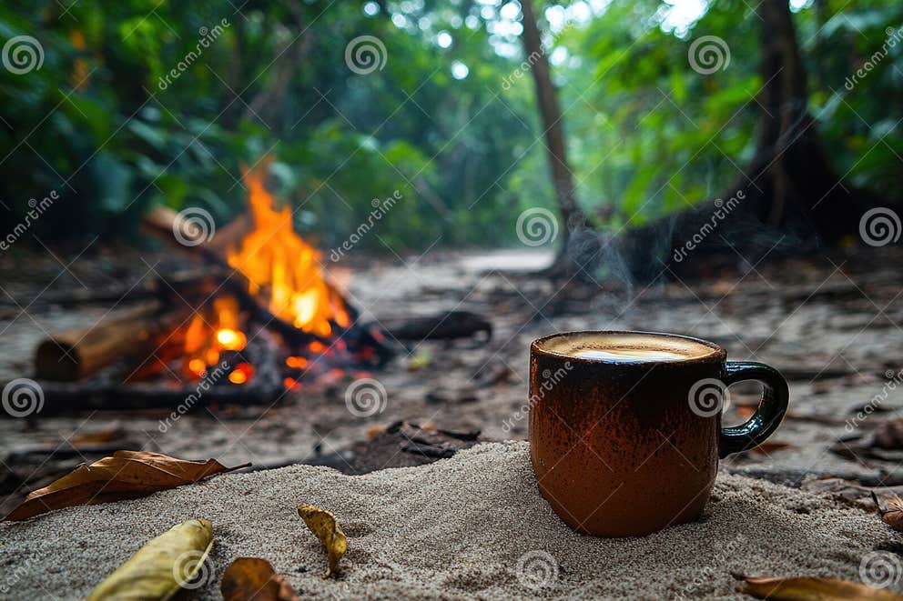 Campfire Coffee Brewing, Making Coffee with Sand Over a Campfire in a Beautiful Forest Setting ...