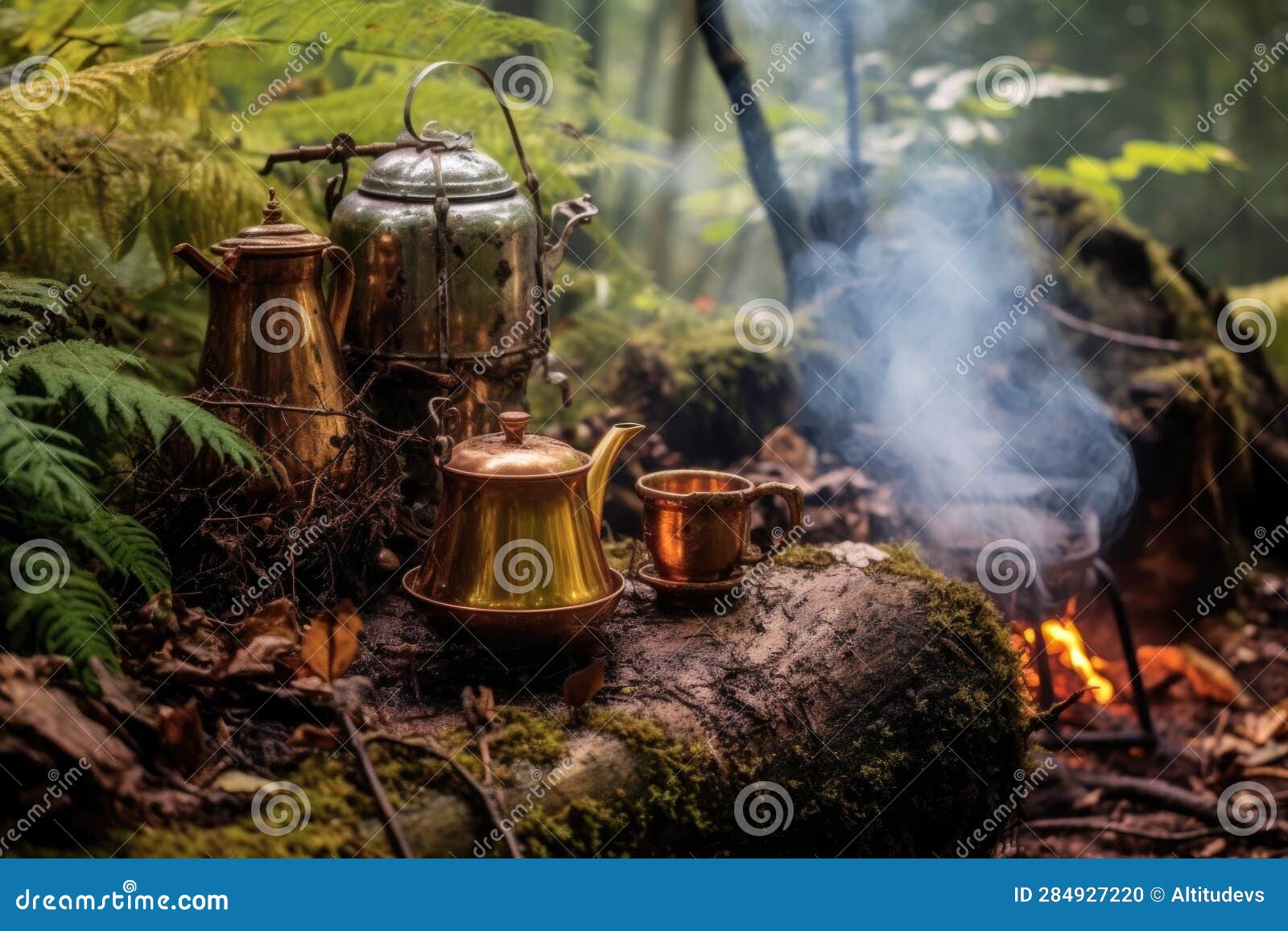 Campfire Coffee in a Forest, with Smoke and Steam Mixing Stock Photo ...