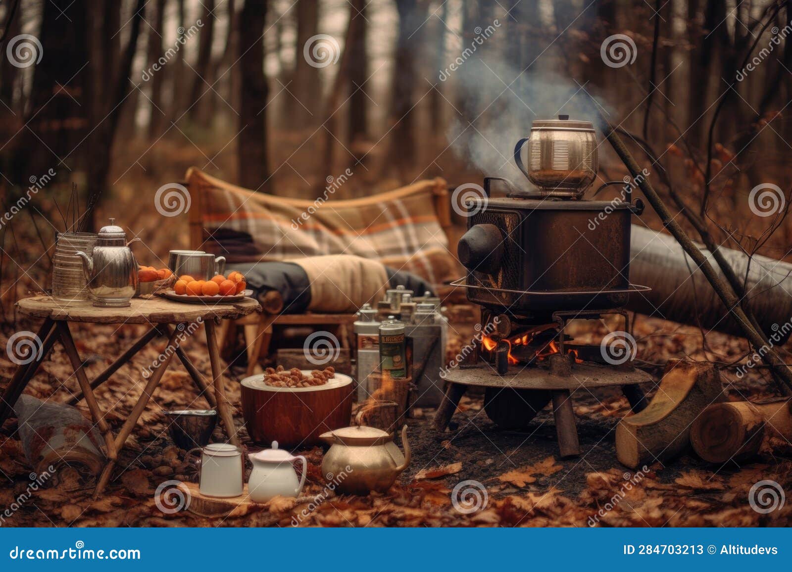 Campfire Coffee Setup with Camping Gear Around Stock Illustration ...
