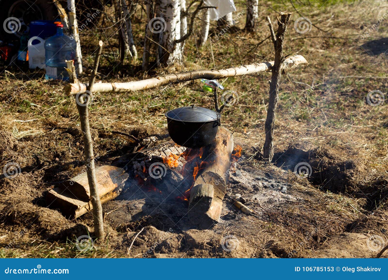 Campfire with a Cooking Pot Stock Image - Image of kettle, bonfire ...
