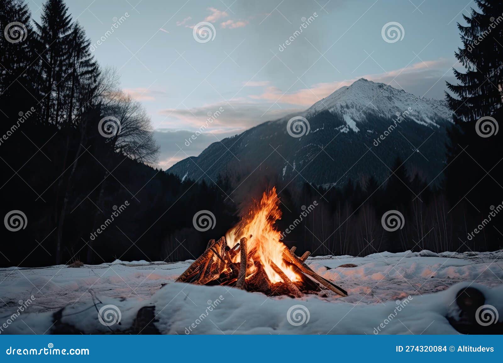 Campfire with Crackling Flames in Snowy Forest, Against the Backdrop of ...
