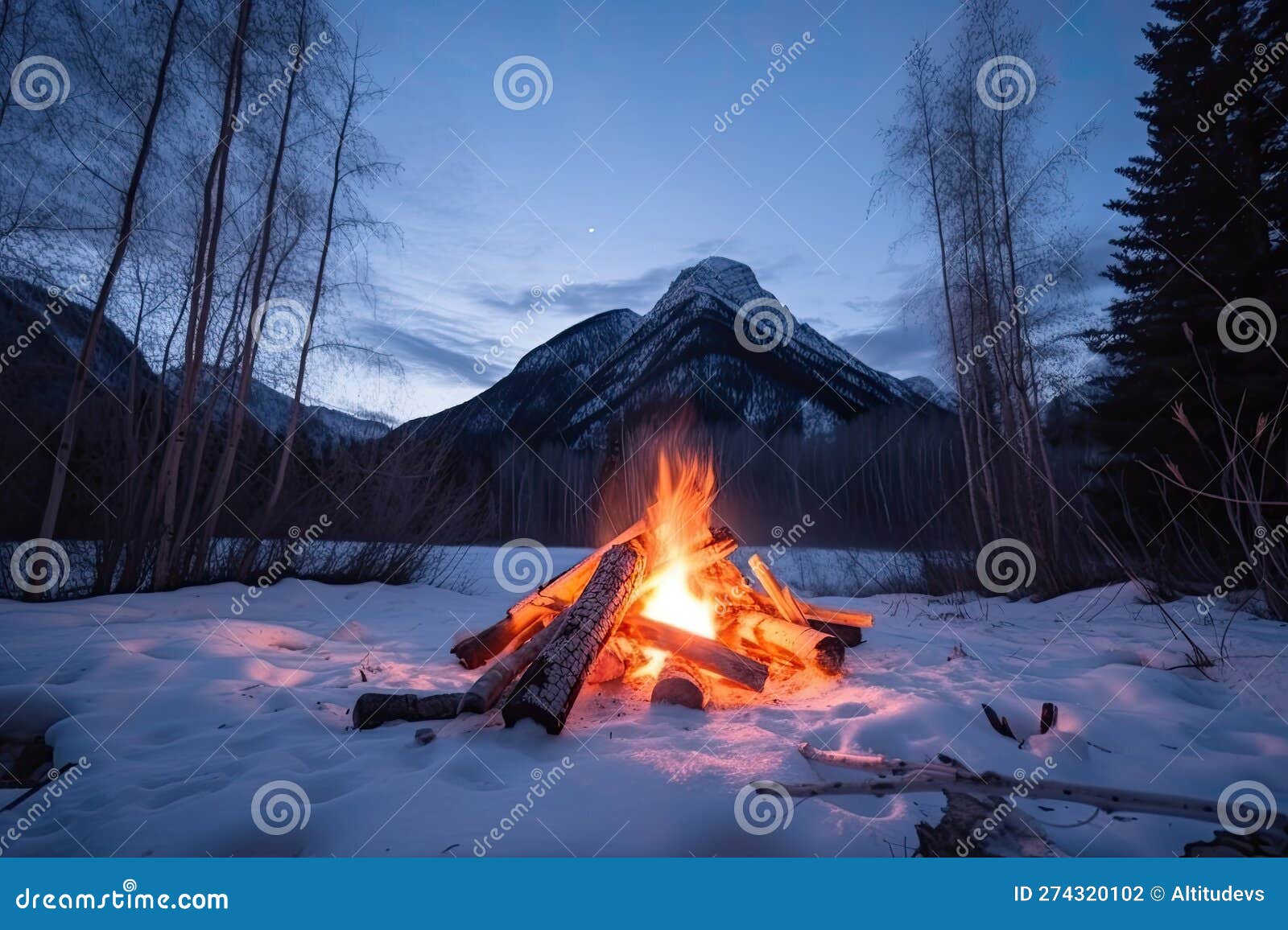 Campfire with Crackling Flames in Snowy Forest, Against the Backdrop of ...