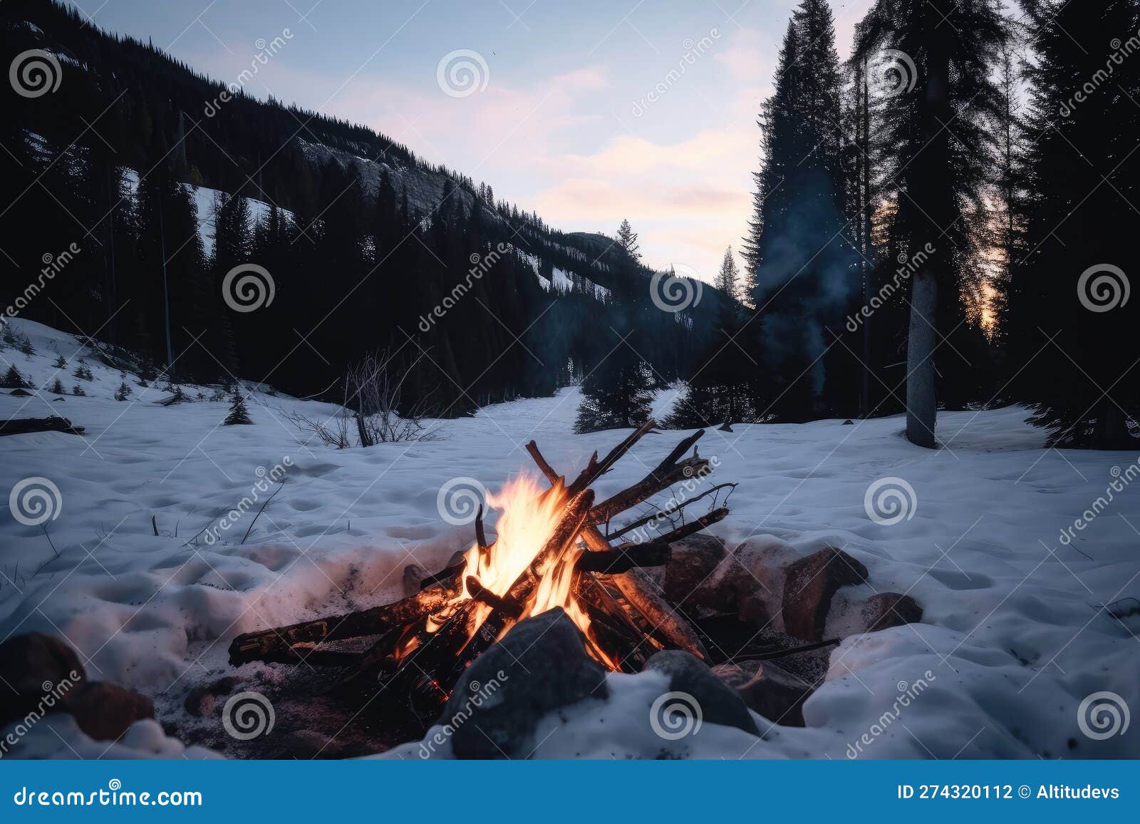 Campfire with Crackling Flames in Snowy Forest, Against the Backdrop of ...