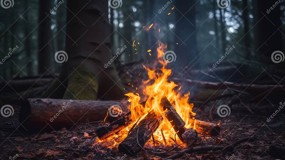 Campfire in the Dark Forest Stock Illustration - Illustration of ...